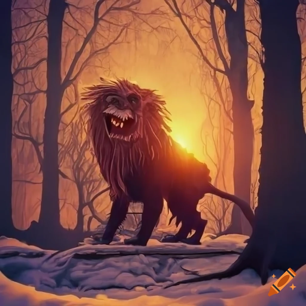 Sunset in the winter woods with a mythical creature