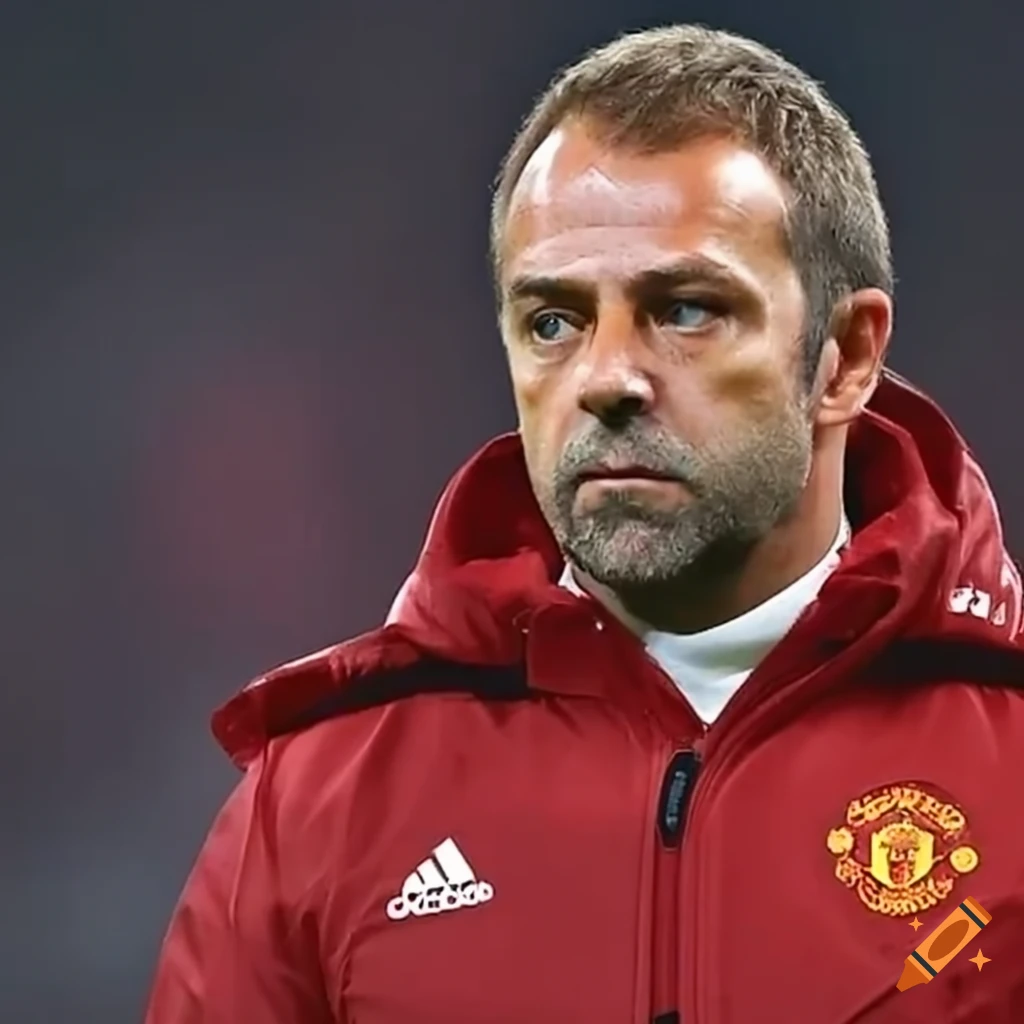 Hansi flick wearing a manchester united jacket on Craiyon