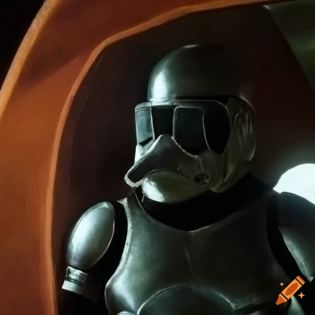 Portrait of a sci-fi soldier wearing armet helmet and plague doctor mask