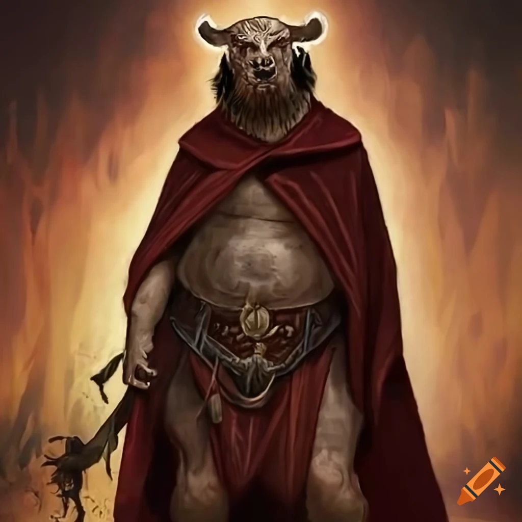 Illustration of a minotaur wizard in a cloak on Craiyon