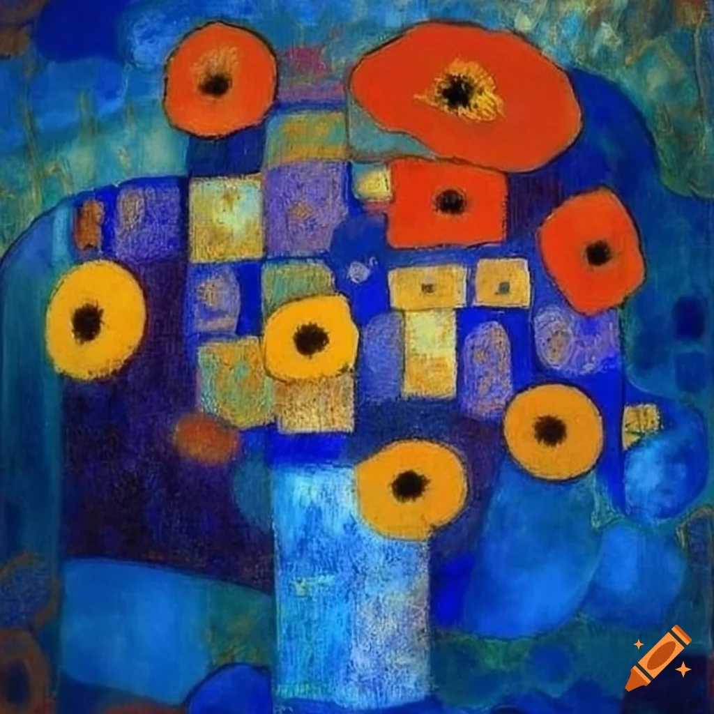 Geometric abstract art in blue with poppies on Craiyon
