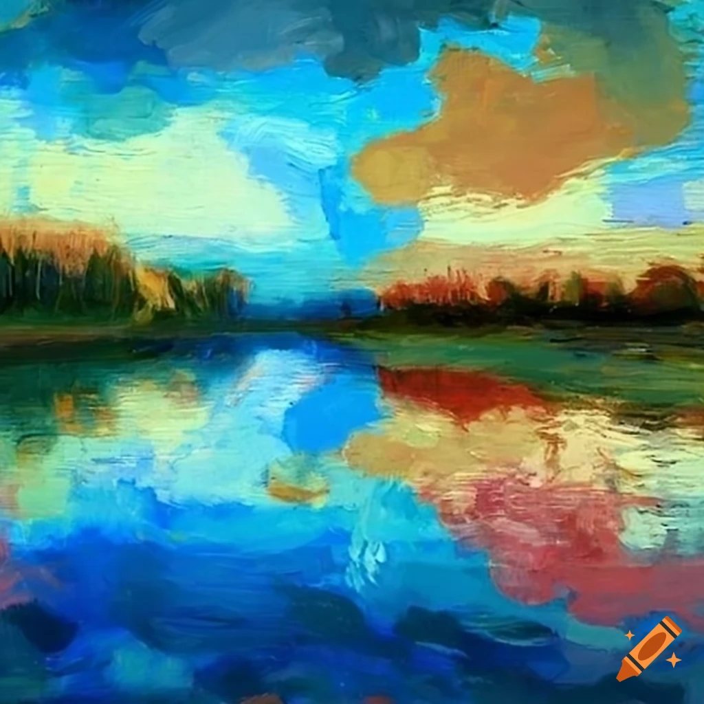 Abstract impressionistic painting of a river with boats and forest ...