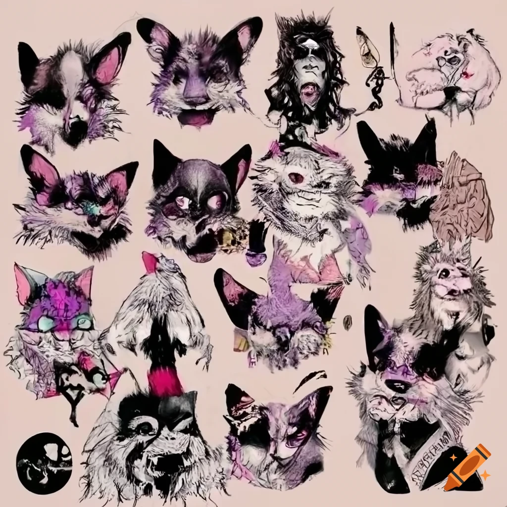 Collage artwork of punk furry character with ink and pins on Craiyon