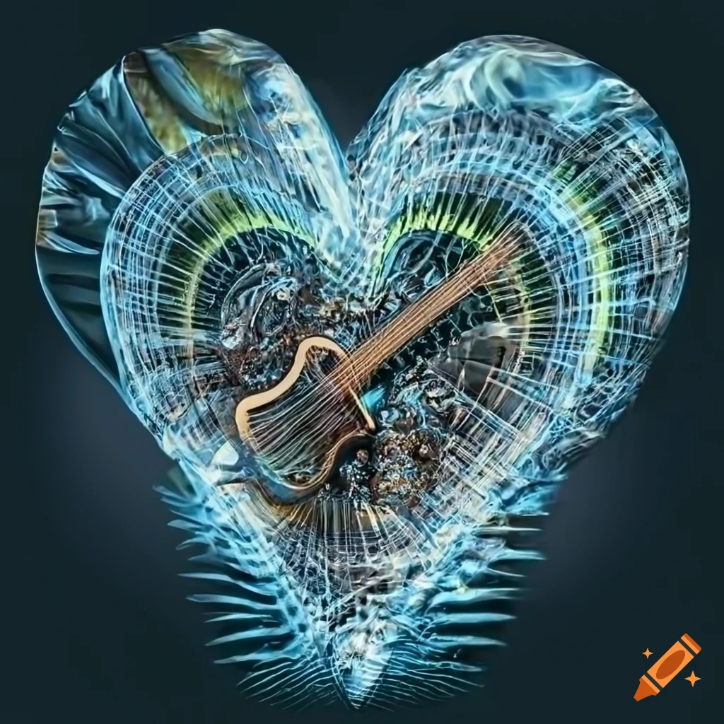 Heart-shaped guitar sailing on the ocean surrounded by sea creatures on ...