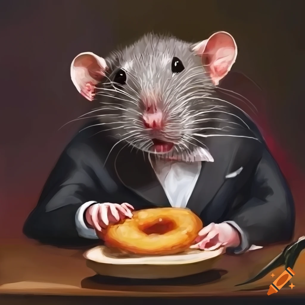 Painting of a rat in a business suit eating donuts at a formal dinner ...