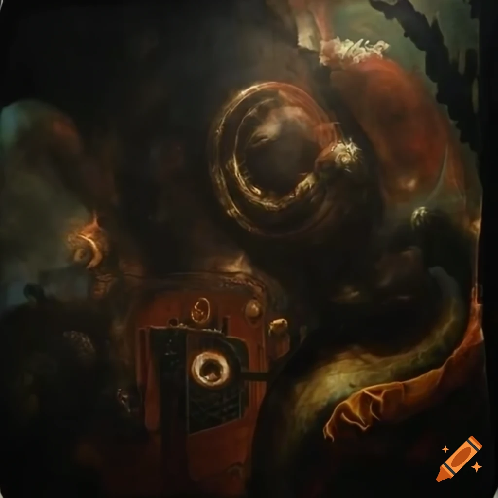 Closeup of an ancient underwater painting with gothic and steam punk ...
