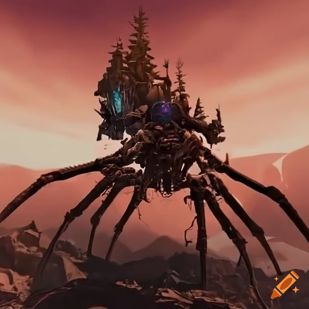 Epic scene of a giant mecha spider in the mountains