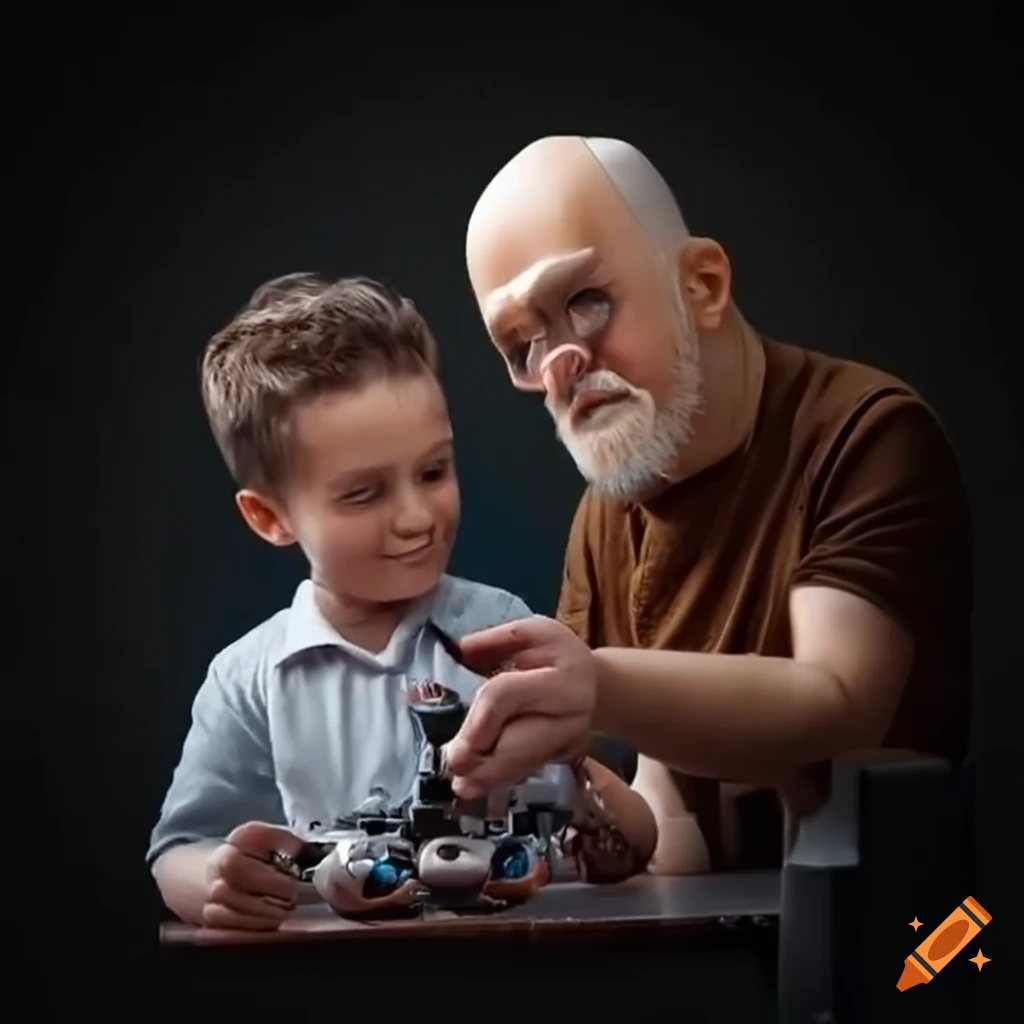 Image of an old man and a young child programming a robot on Craiyon