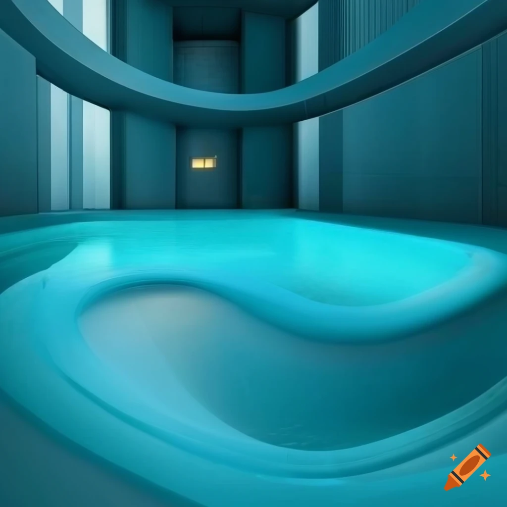 3d rendered surreal architecture spa with pools and waterfalls on Craiyon