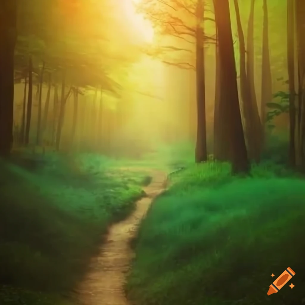 Sunset path between meadows and streams with magical forest in the ...