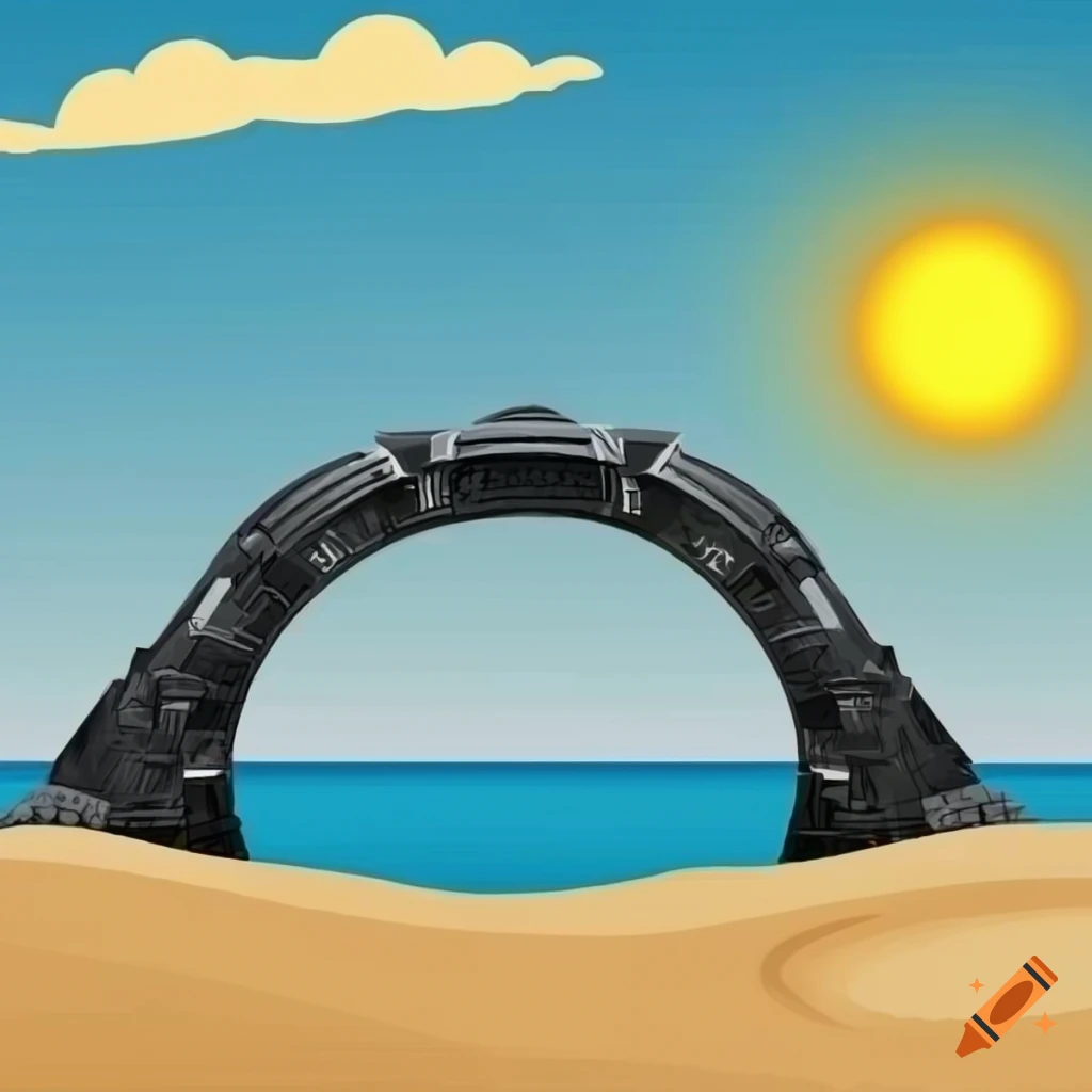 Cartoon rendering of a black stargate on a sunny beach
