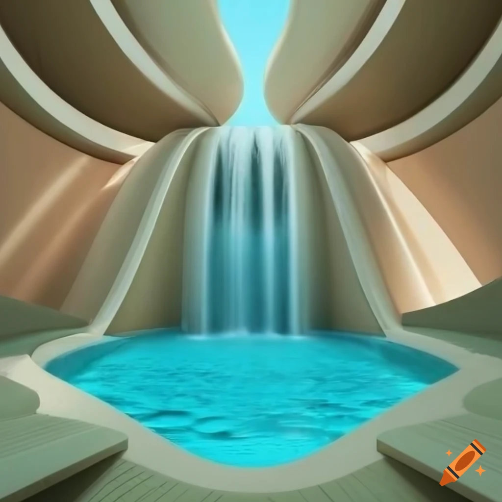 3d rendered spa interior with pools and waterfalls on Craiyon