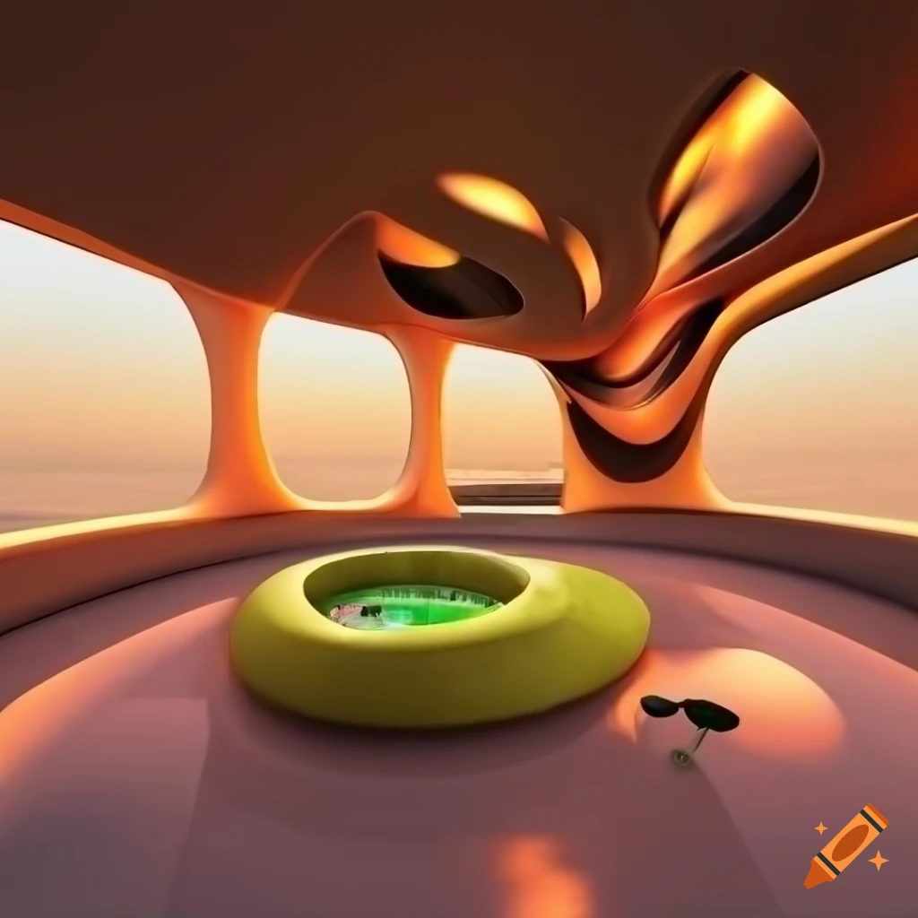 Surreal 3D rendered living room with pool hallway on Craiyon