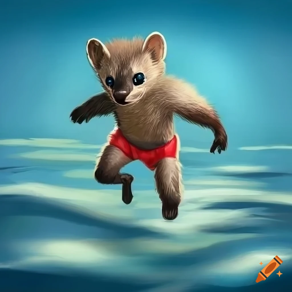 Illustration of a furry pine marten running by the lake on Craiyon