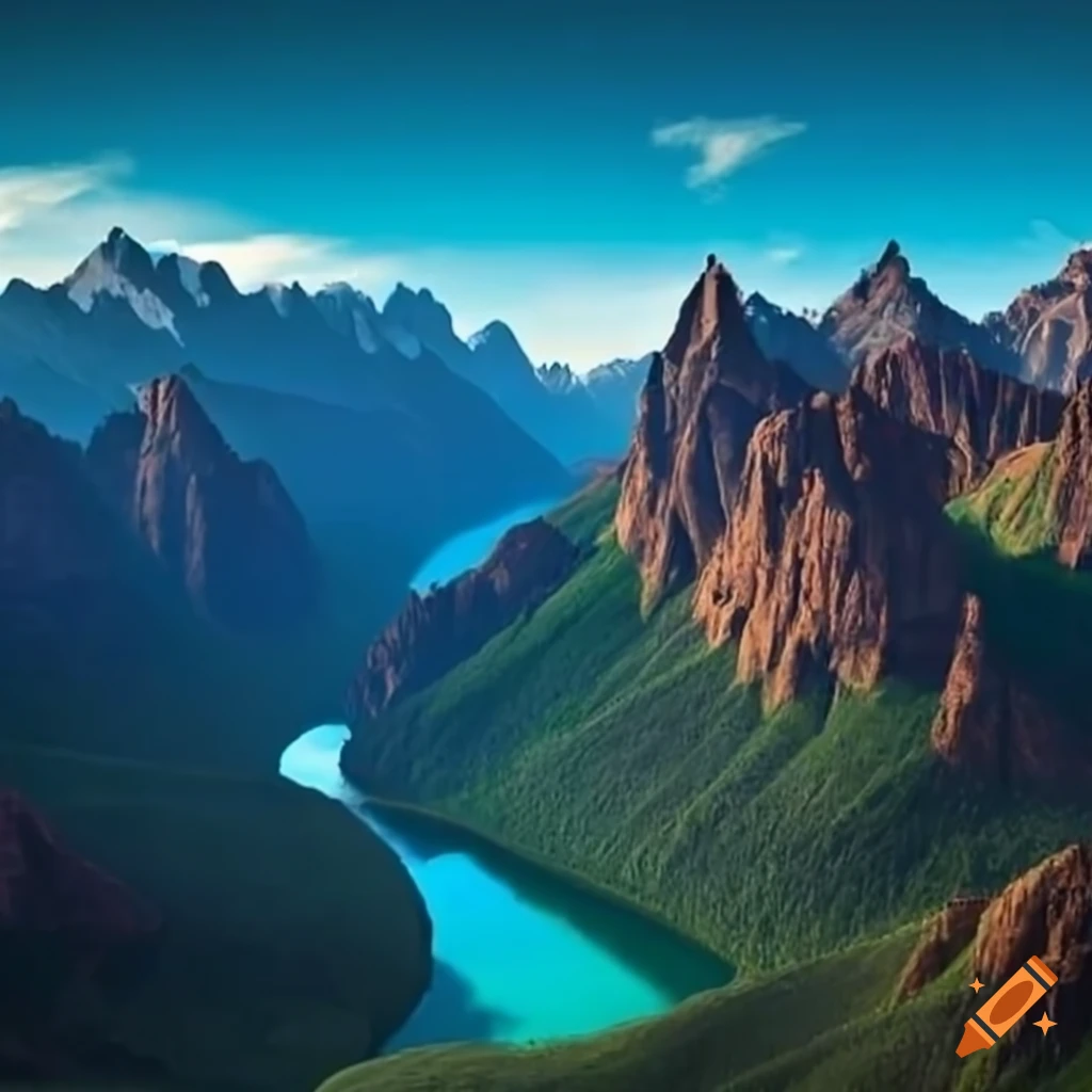 Scenic view of an island surrounded by mountains on Craiyon