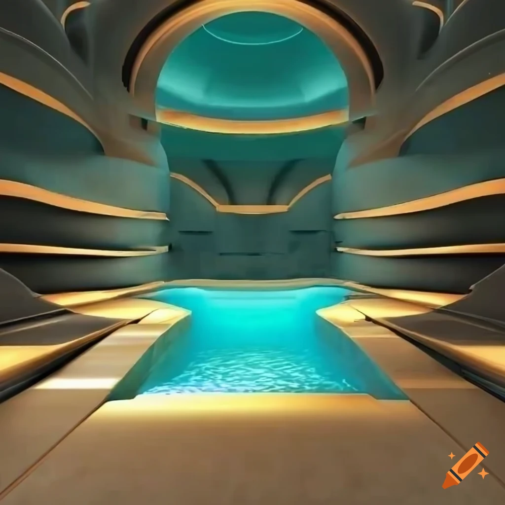 Surreal 3d rendered spa interior with waterfalls and curved forms on ...