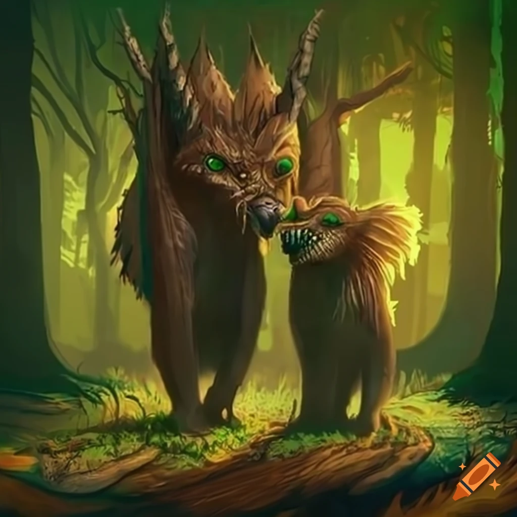 Art featuring a two-headed beast in a pine forest on Craiyon