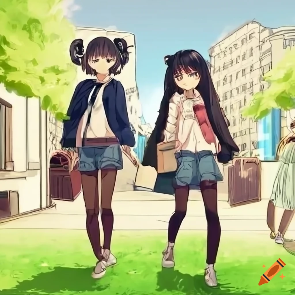 Anime girls walking and discussing on a greeny shopping street on Craiyon