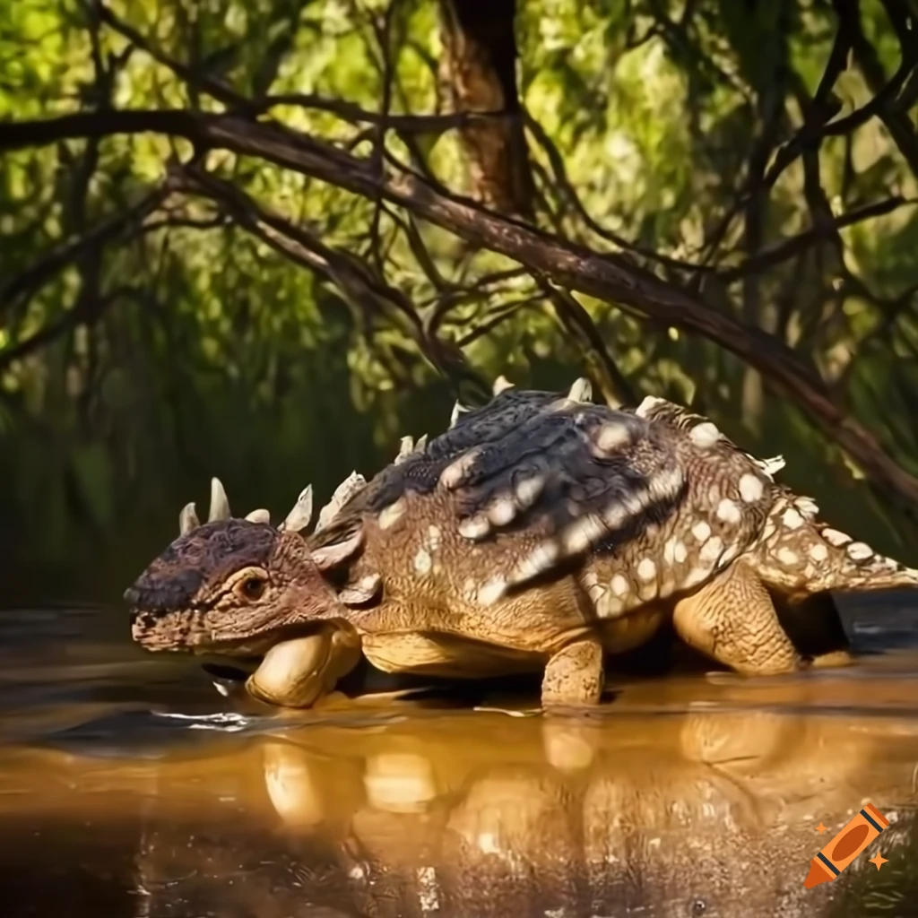 Image of a cinnamon and brown ankylosaurus drinking in a sunny clearing ...