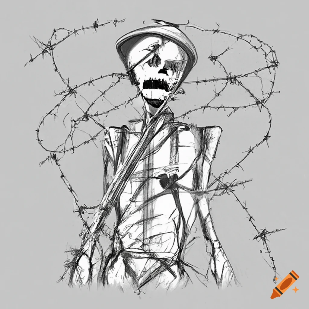 Haunting sketch of a wounded soldier trapped in barbed wire on Craiyon