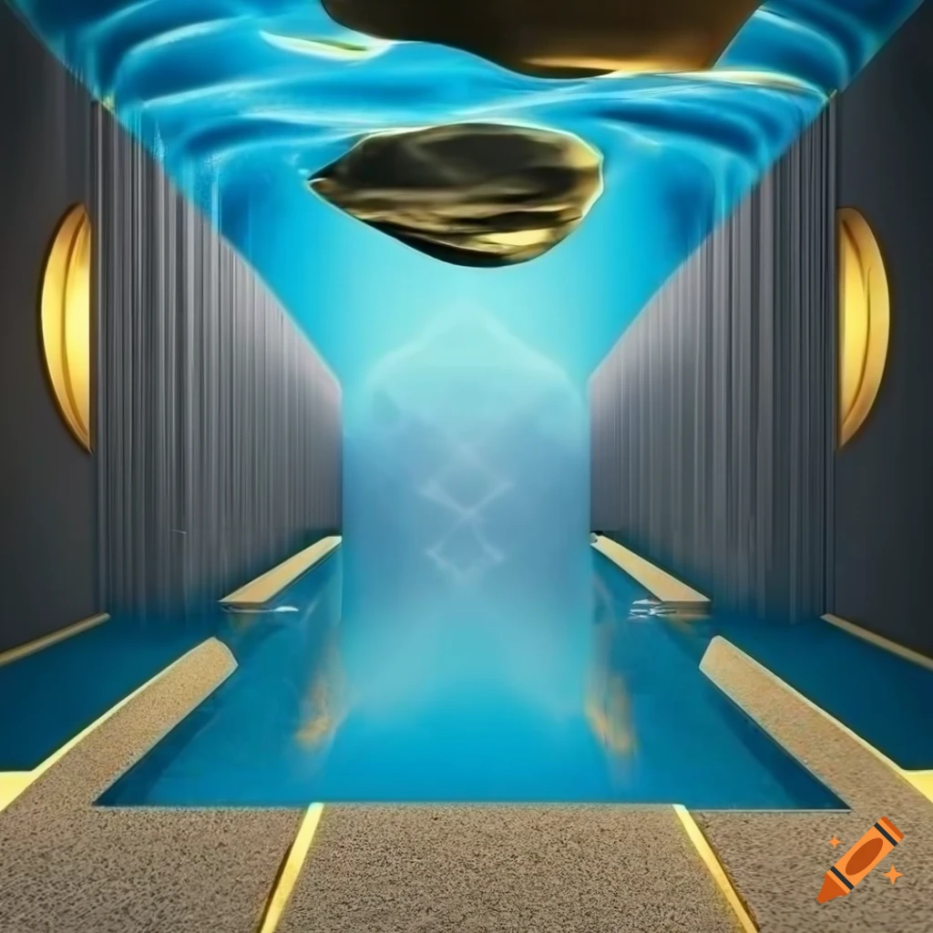 Surreal 3d rendered architecture of a spa with pools and waterfalls on ...