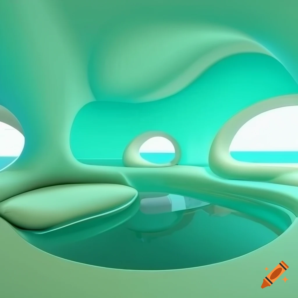 Surreal architecture of a living room with computer workspace and pool ...