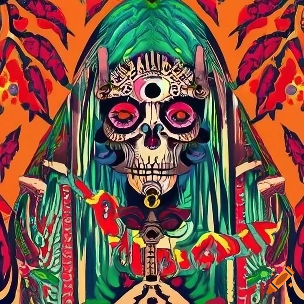 Graphic art of baba yaga santa muerte with mayan totem poles on Craiyon