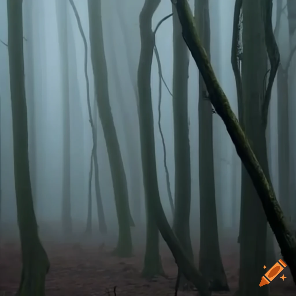 Eerie misty forest with twisted trees on Craiyon