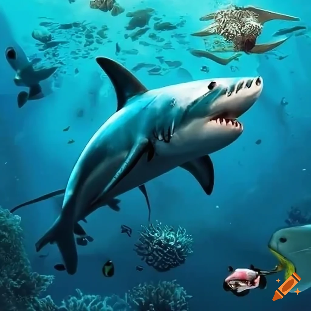 Great white shark swimming near a colorful reef