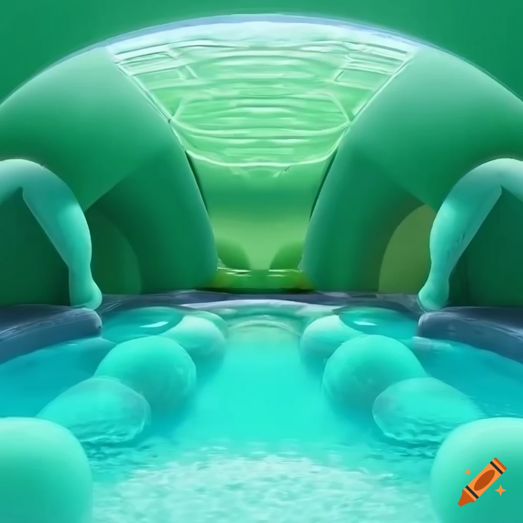 Surreal 3d rendering of an underwater spa with pools and waterfalls
