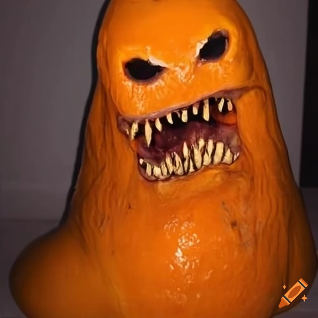 Illustration of a scary orange monster lurking around a corner on Craiyon