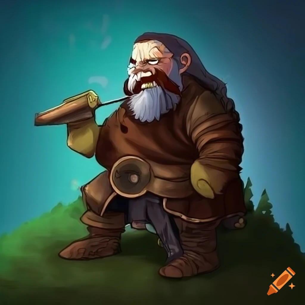 Illustration of a dwarf with a shovel on a hill