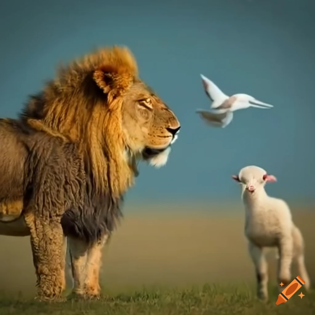 Lamb standing next to a lion with a dove flying on Craiyon