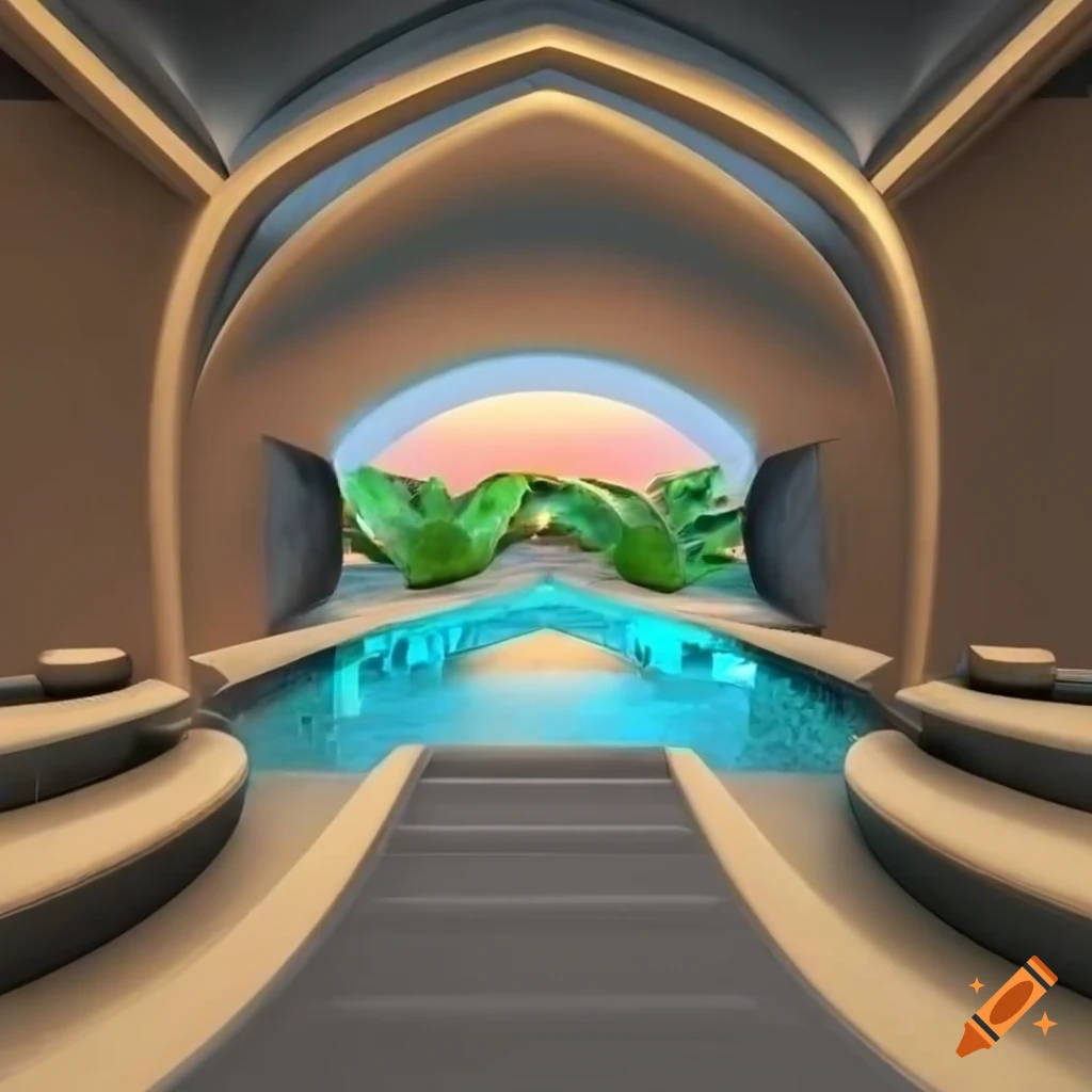 Surreal 3d rendered spa interior with waterfalls and curved forms