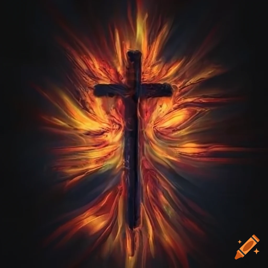 Abstract artwork with fiery cross and enigmatic aura on Craiyon