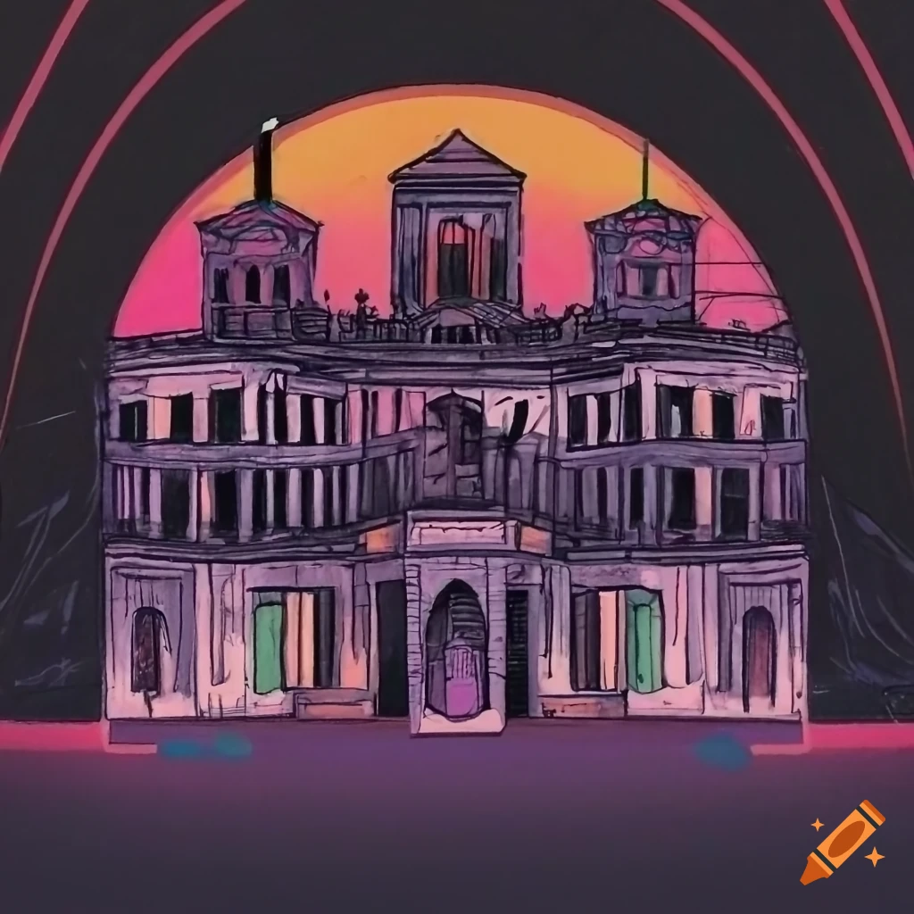 Sketch of an abandoned palace at night on Craiyon