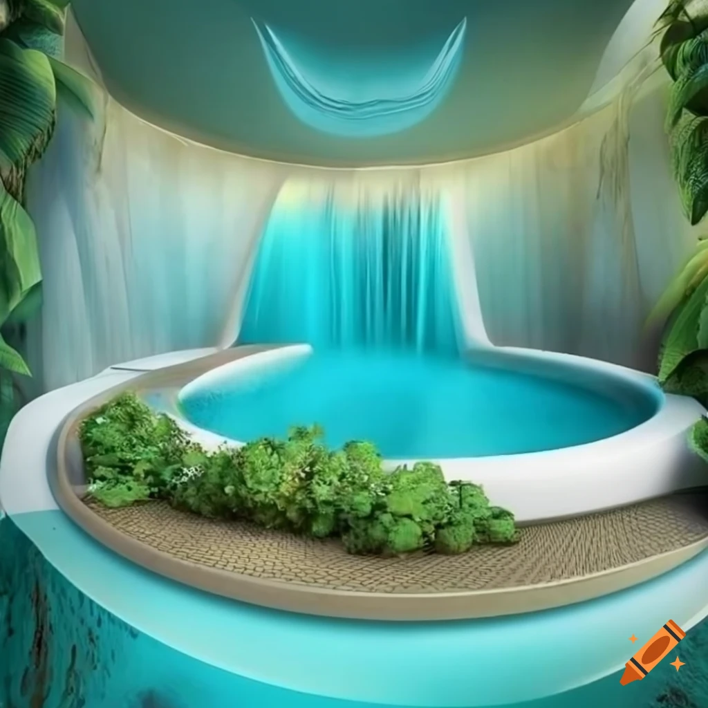 Surreal 3d rendering of an underwater spa with waterfalls