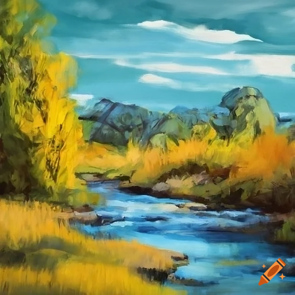 California landscape painting with river and blue sky