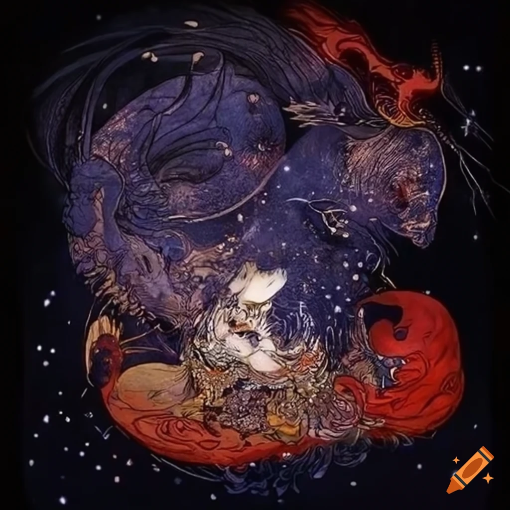 Intriguing ukiyo-e ink artwork of a scarecrow in a night scene with a ...