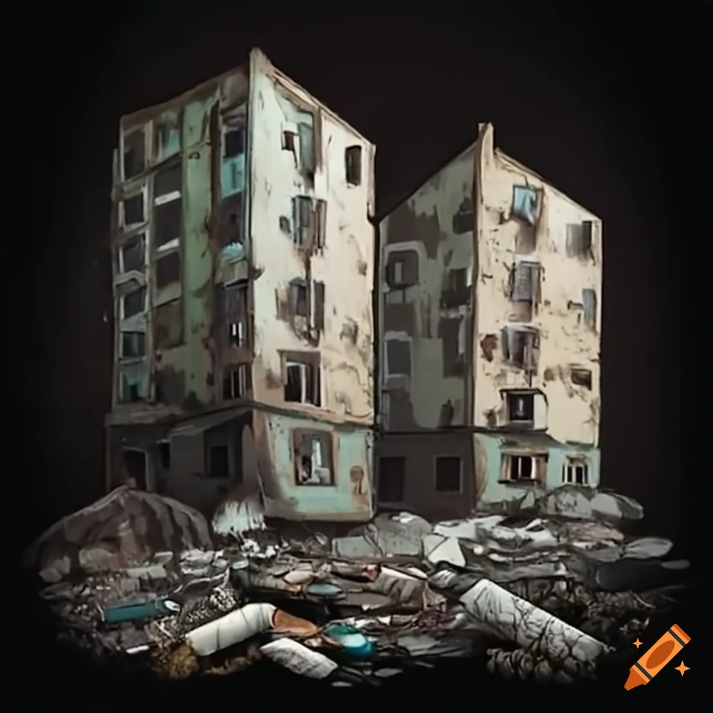 2d pixel art of an old abandoned destroyed building in apocalyptic ...