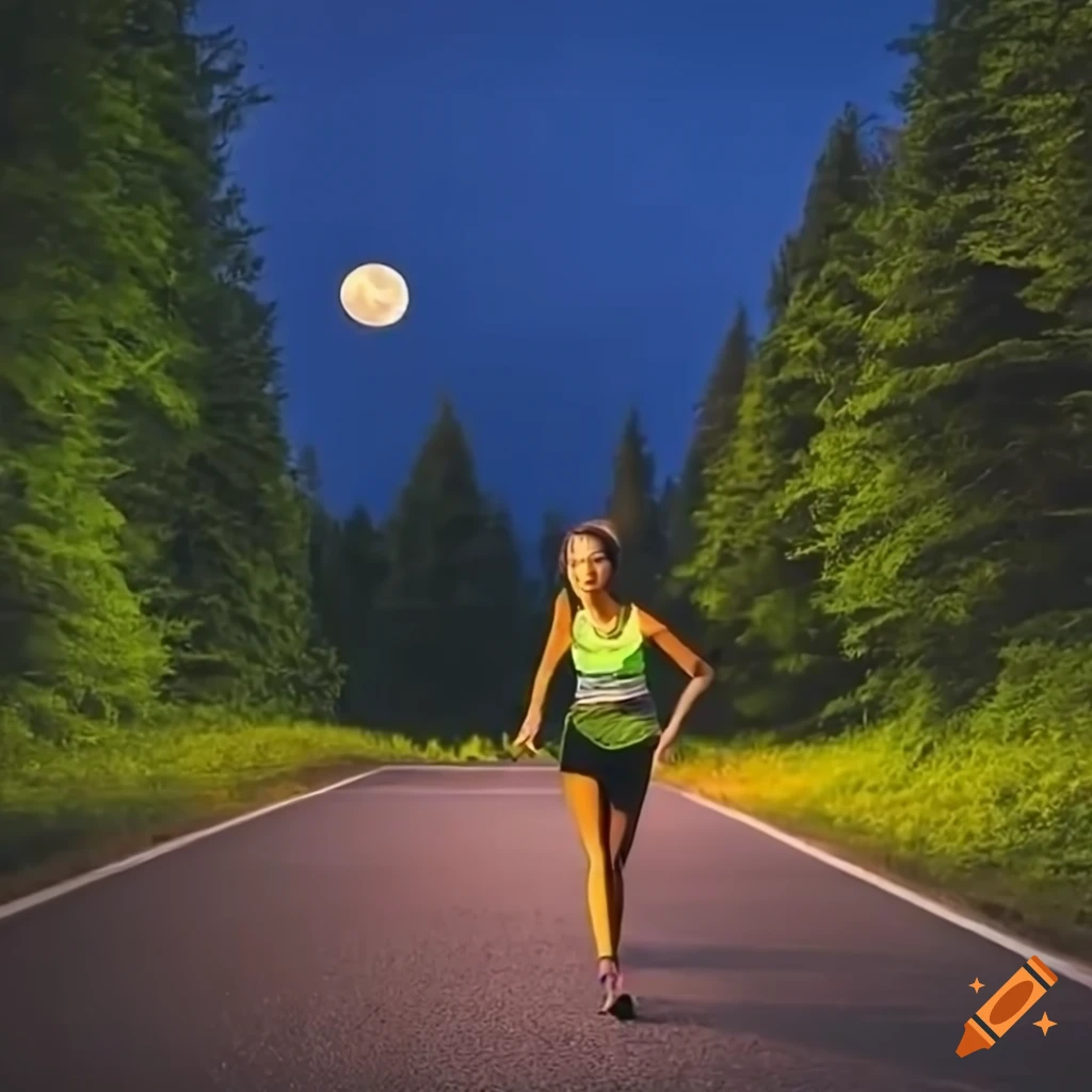 Athlete girl running at night under a full moon on Craiyon