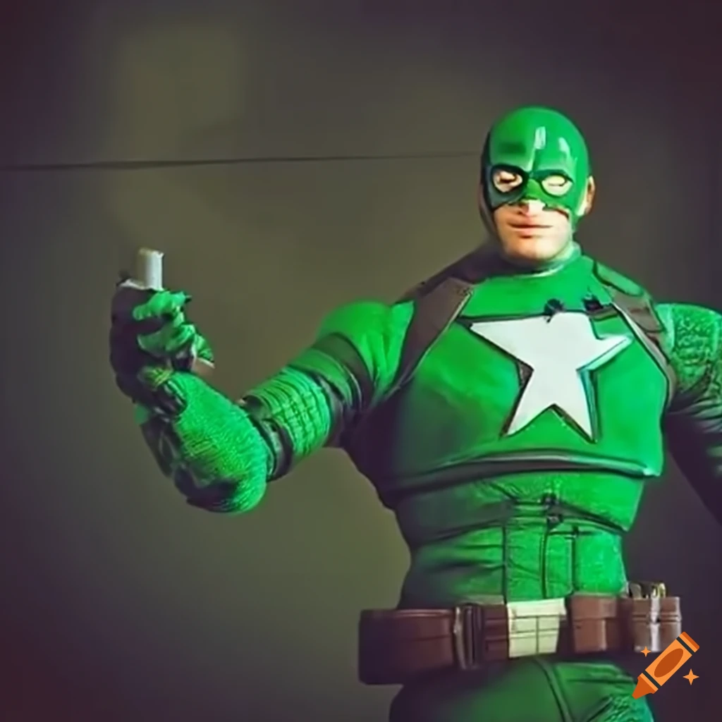 Cosplayer dressed as green captain america with bug antennas