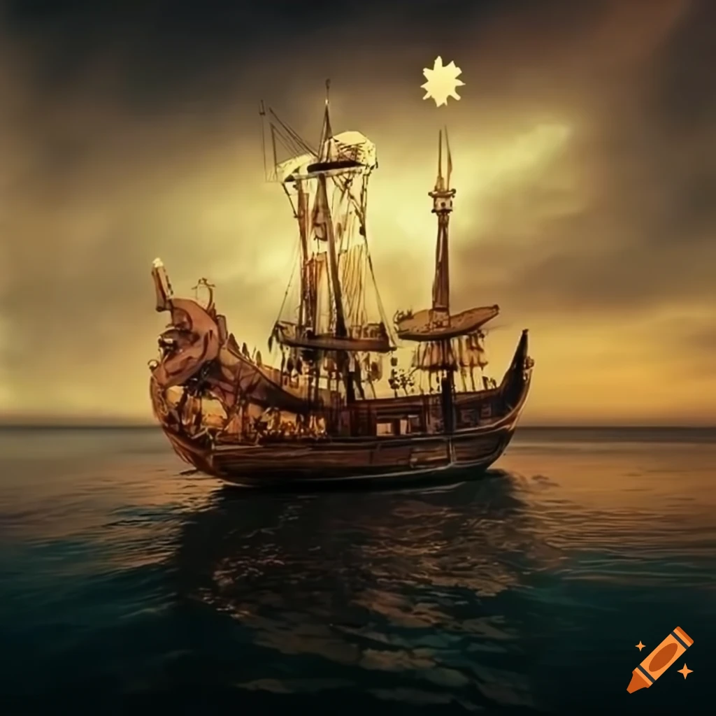 Old wooden steampunk sailing boat with futuristic machine and houses on ...