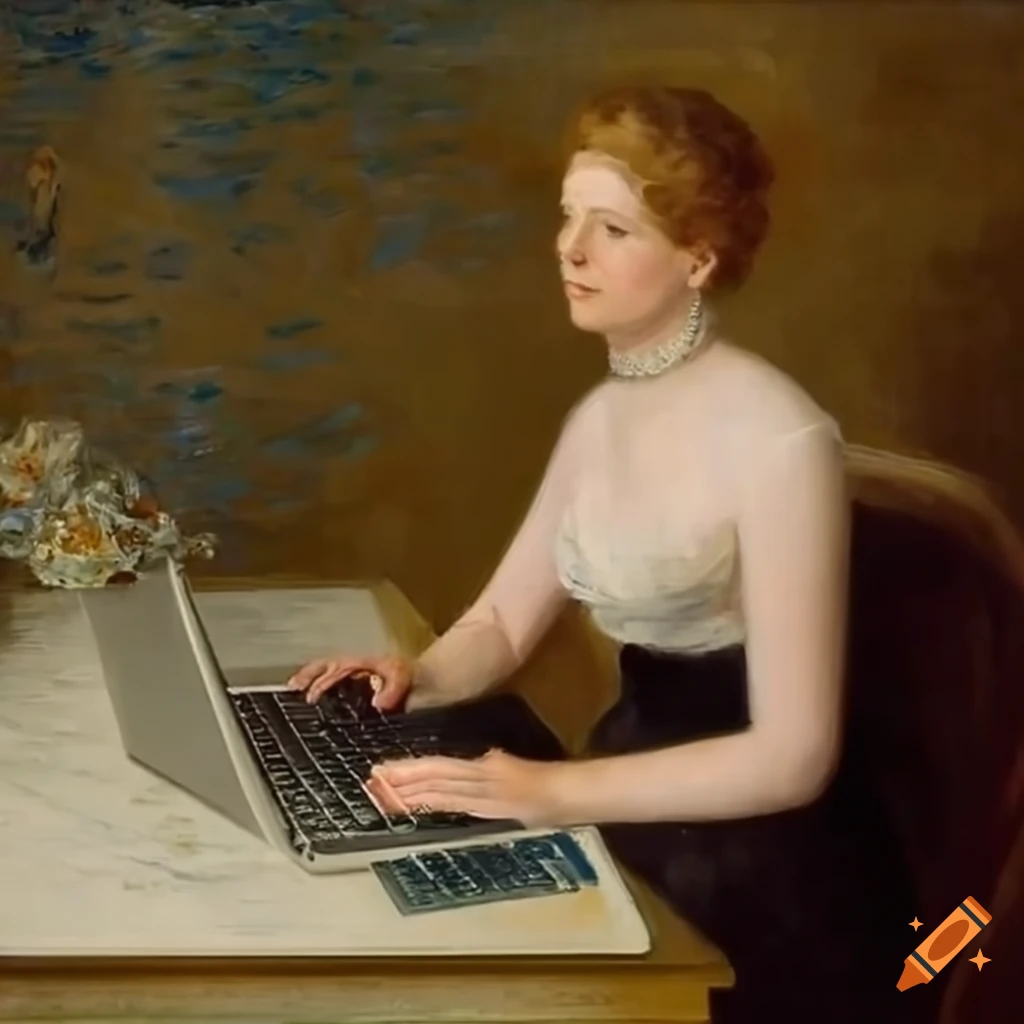 Painting of a woman working on a laptop