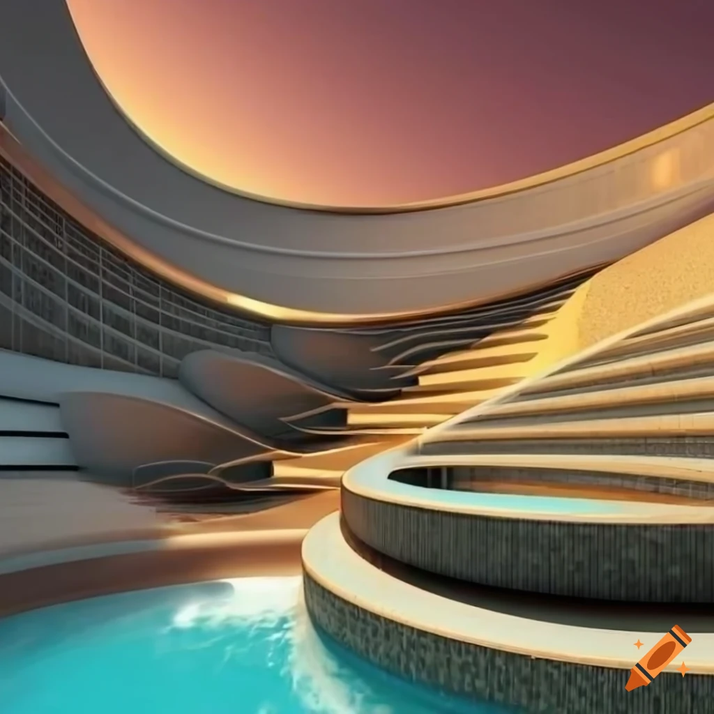 Surreal architecture spa with pools and waterfalls on Craiyon