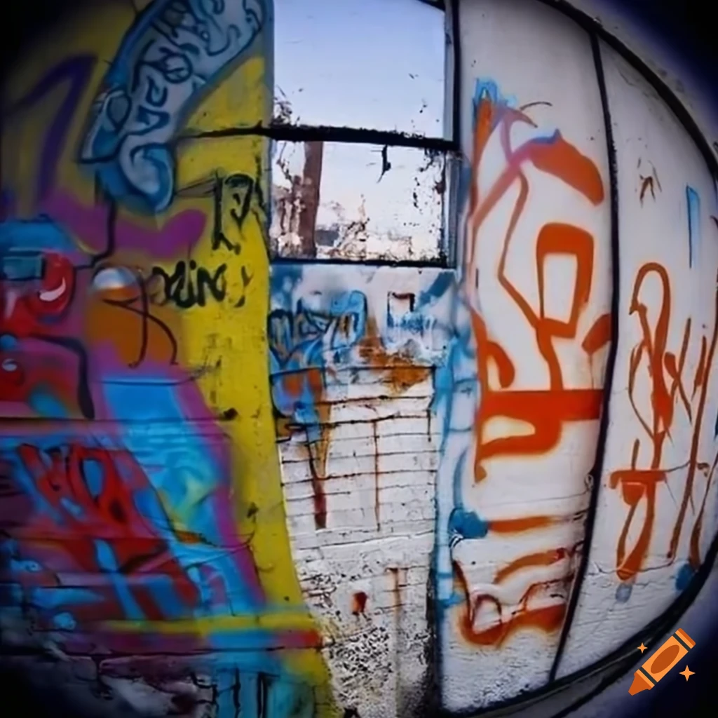 Graffiti on a white wall with a fish eye lens effect on Craiyon