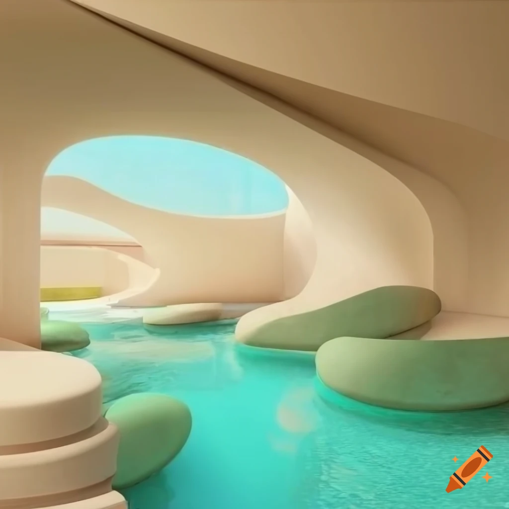 3d rendering of a surreal spa interior with pools and waterfalls on Craiyon