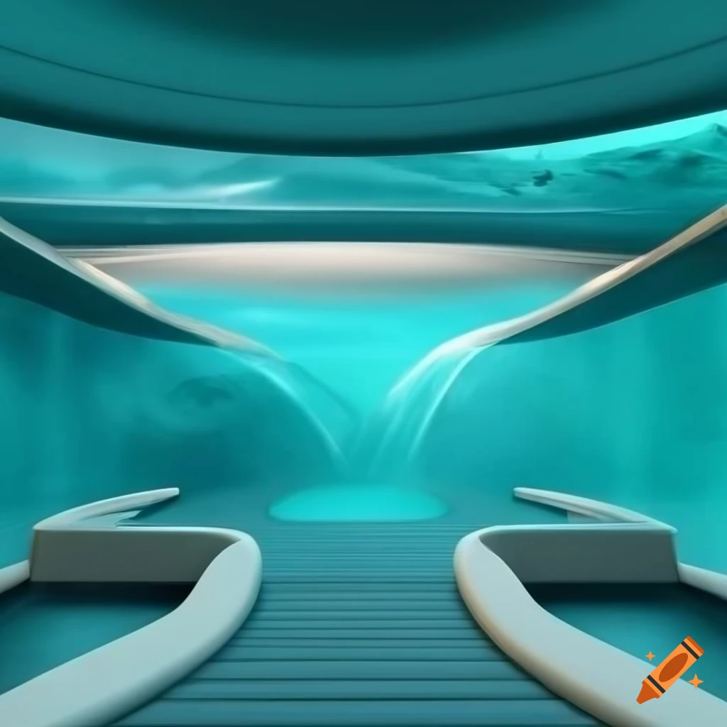Surreal 3D rendered spa with underwater hallway and waterfalls on Craiyon
