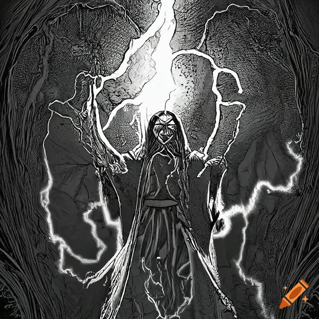 Black and white artwork of a wizard casting lightning on Craiyon
