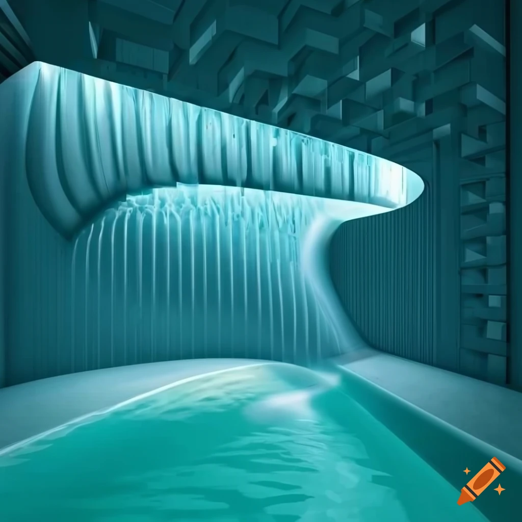 Surreal 3D rendering of an architectual spa with waterfalls on Craiyon